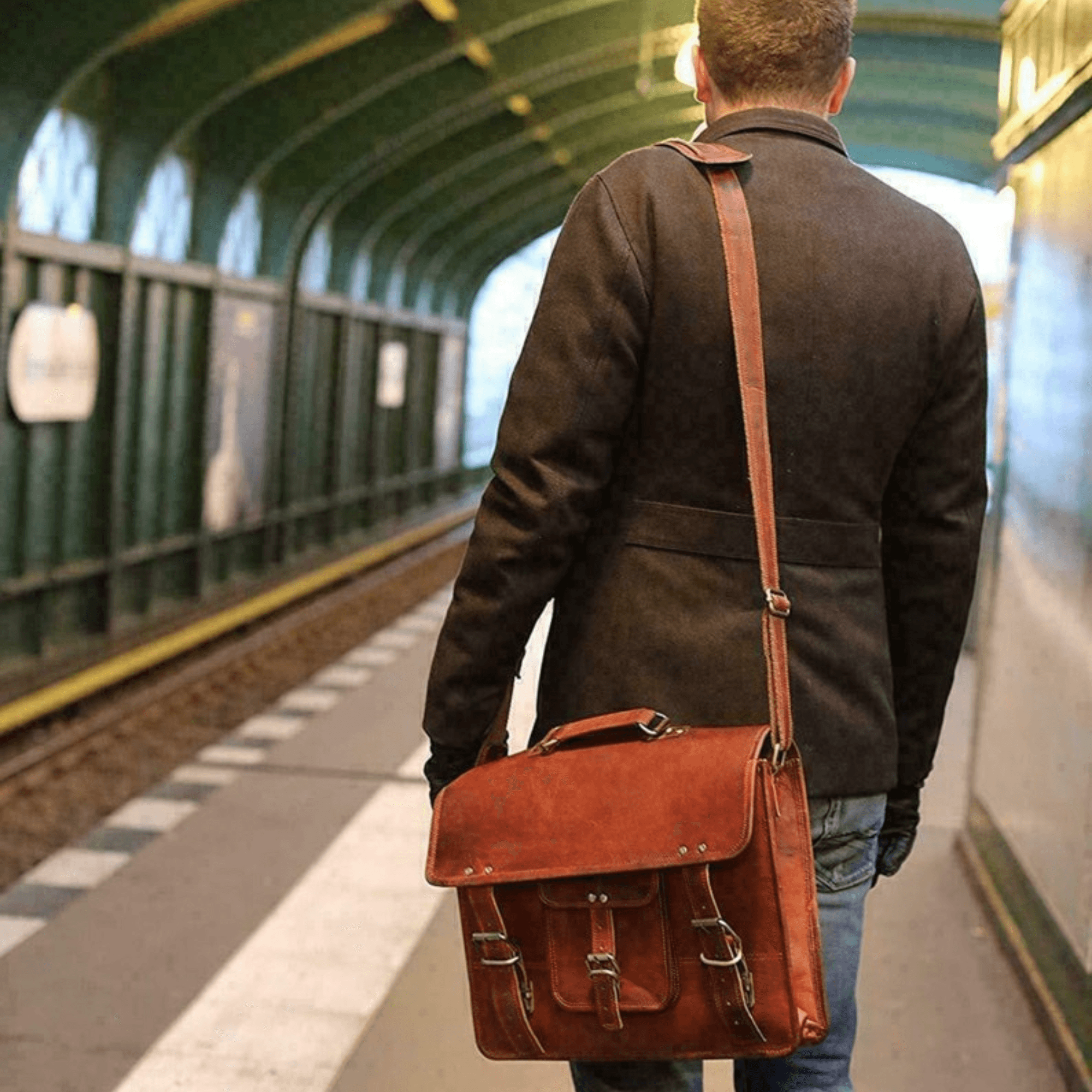 Vintage Full-Grain Leather Laptop Bag with Concealed Locks